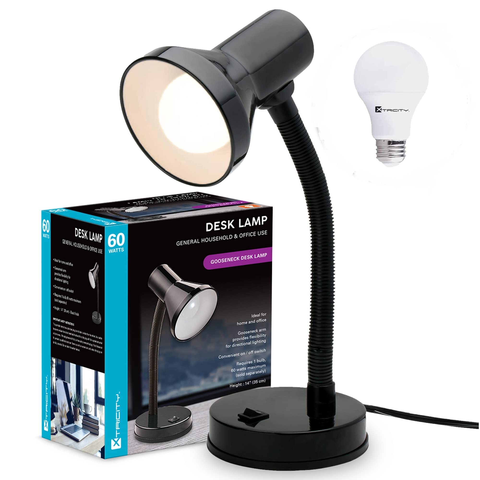 Xtricity Gooseneck Desk Lamps with Adjustable Gooseneck Arm, Metal Desk Lamp with 7W A19 LED Bulb, 120 Volt, Convenient On/Off Switch, 14" Inch Tall (36cm), Black Finish