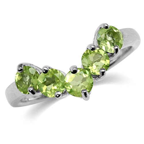 Silvershake 1.4ct. 5 Stone Natural Peridot V Shape White Gold Plated 925 Sterling Silver Ring Size 7