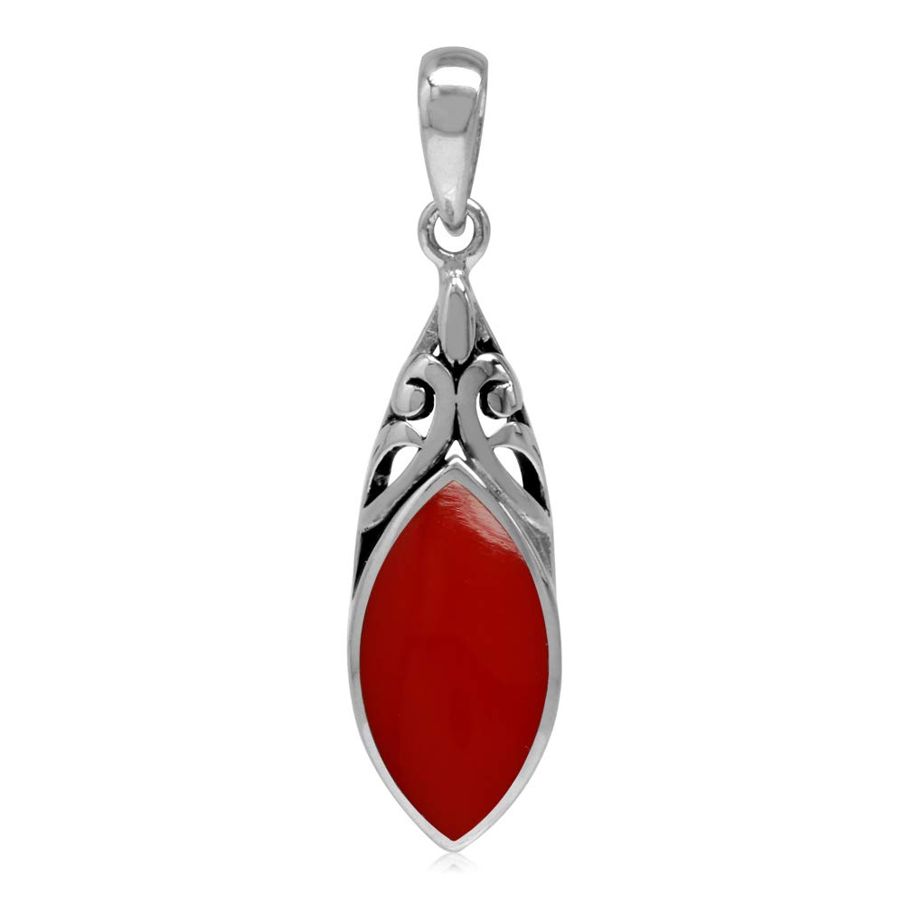 Silvershake 14X7mm Created Marquise Shape Red Coral 925 Sterling Silver Filigree Solitaire Pendant