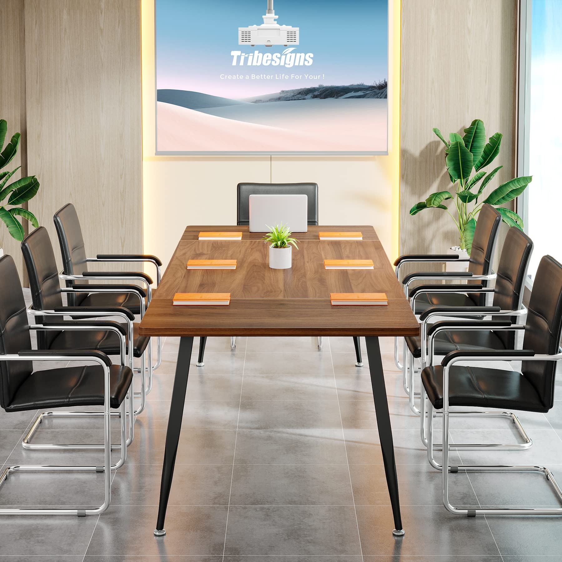 Tribesigns 6FT Conference Table, Rectangular Meeting Room Tables, Modern Industrial Seminar Table Boardroom Desk with Metal Legs for Office, 70.8’’ L x 31.5’’ W x 29.5’’ H (Brown and Black)