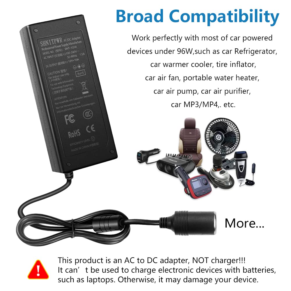 SHNITPWR AC to DC Converter 12V 8A 96W Power Supply Adapter with Car Lighter Socket 100~240V AC to DC 12 Volt 8 Amp 6A Transformer for Car Tire Inflator Vacuum Cleaner and Other Car Devices Under 96W