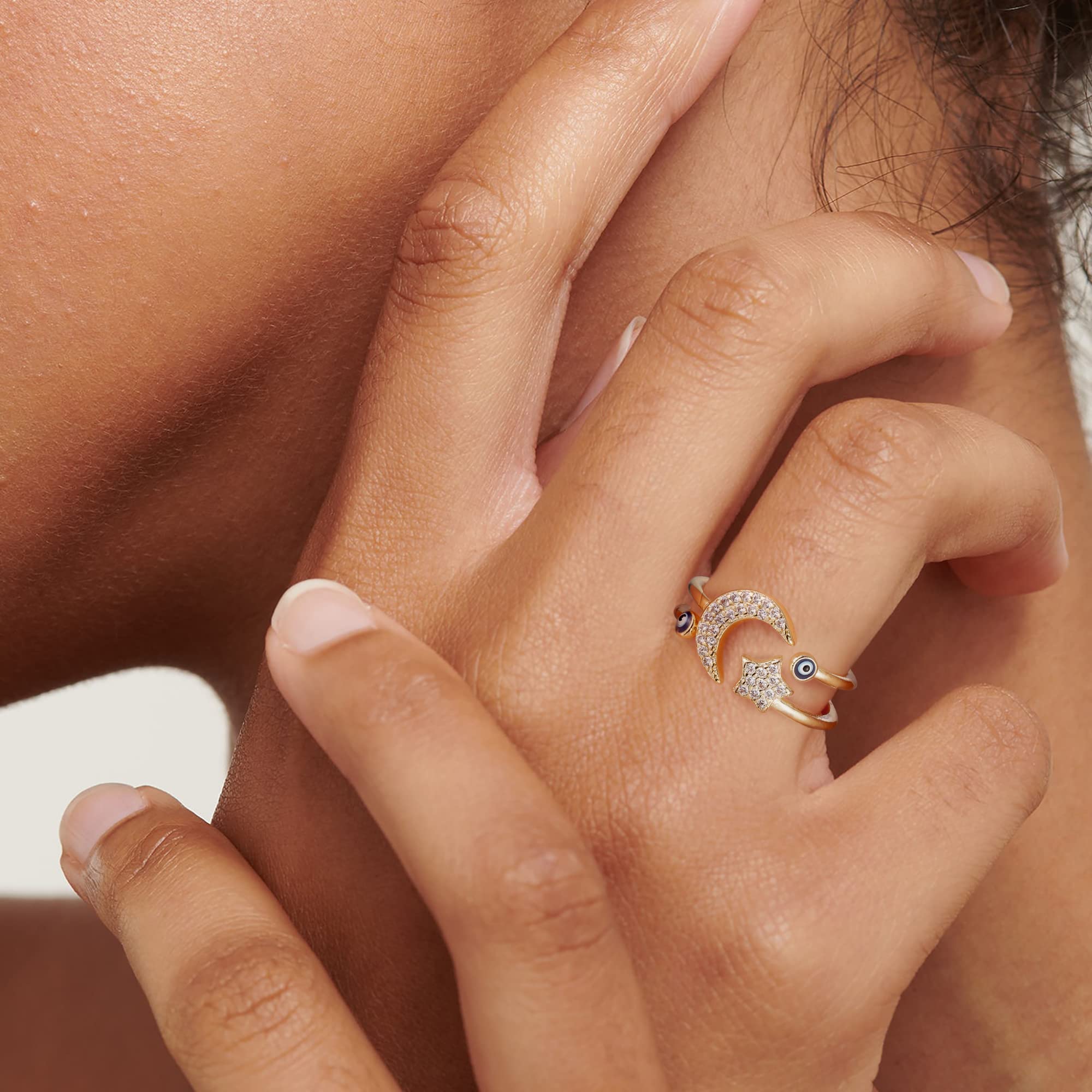 Youvelst Evil Eye Rings for Women 14K Gold Plated Adjustable Statement Rings Dainty Eyeball Rings Evil Eye Stackable Rings Minimalist Protection Jewelry (Gold Evil Eyes 2)