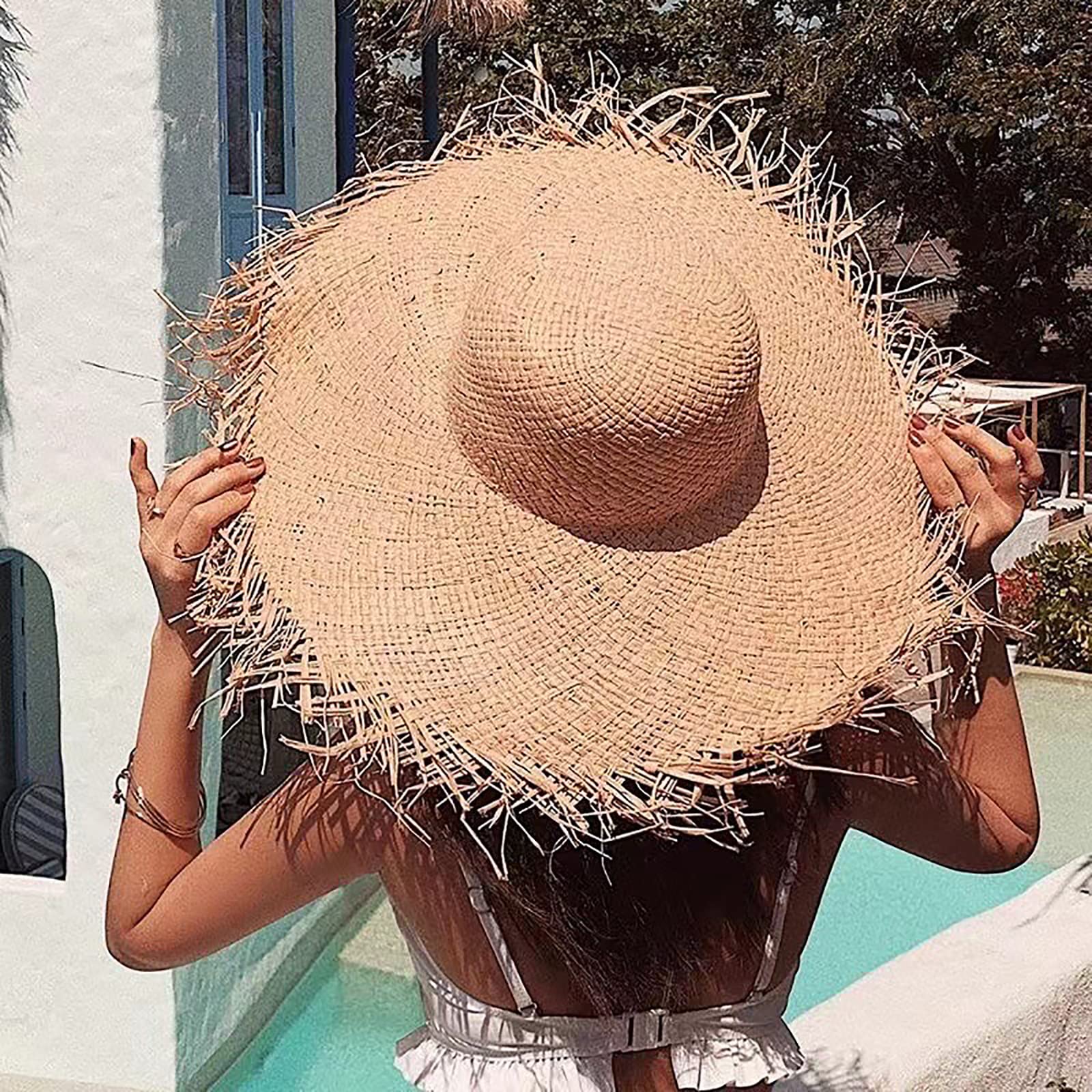 Womens Beach Sun Straw Hat Summer UV Sun Hat Wide Brim Fringe Beach Hat Boho Floppy Hat Fishing Cap (Khaki)