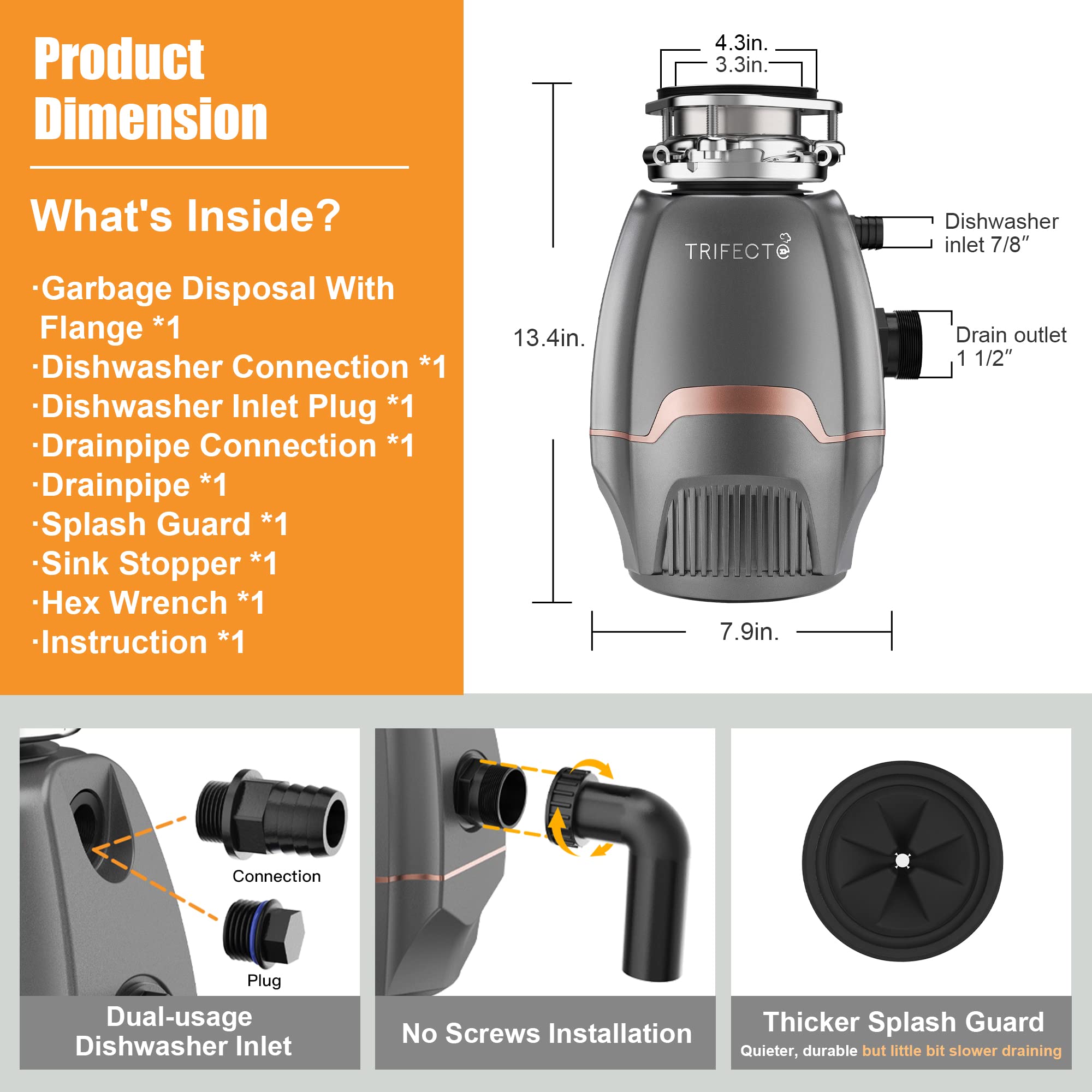 Trifecte Pro 3/4 HP Garbage Disposals with Sound Reduction,Food Waste Coutinuous Feed Garbage Disposal with Power Cord, Dishwasher Hook Up