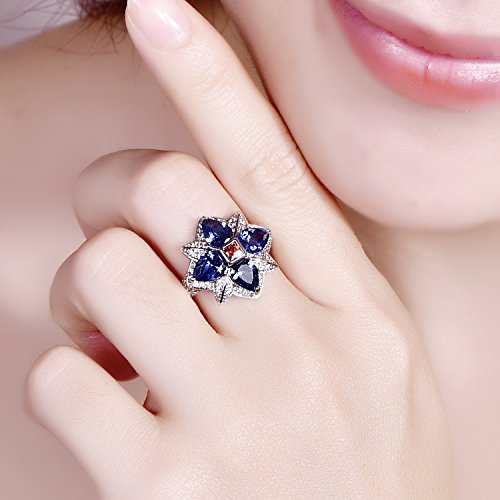 Psiroy 925 Sterling Silver Plated Created Blue Topaz Filled Pear Cut Flower Knuckle Statement Ring for Women Size 7