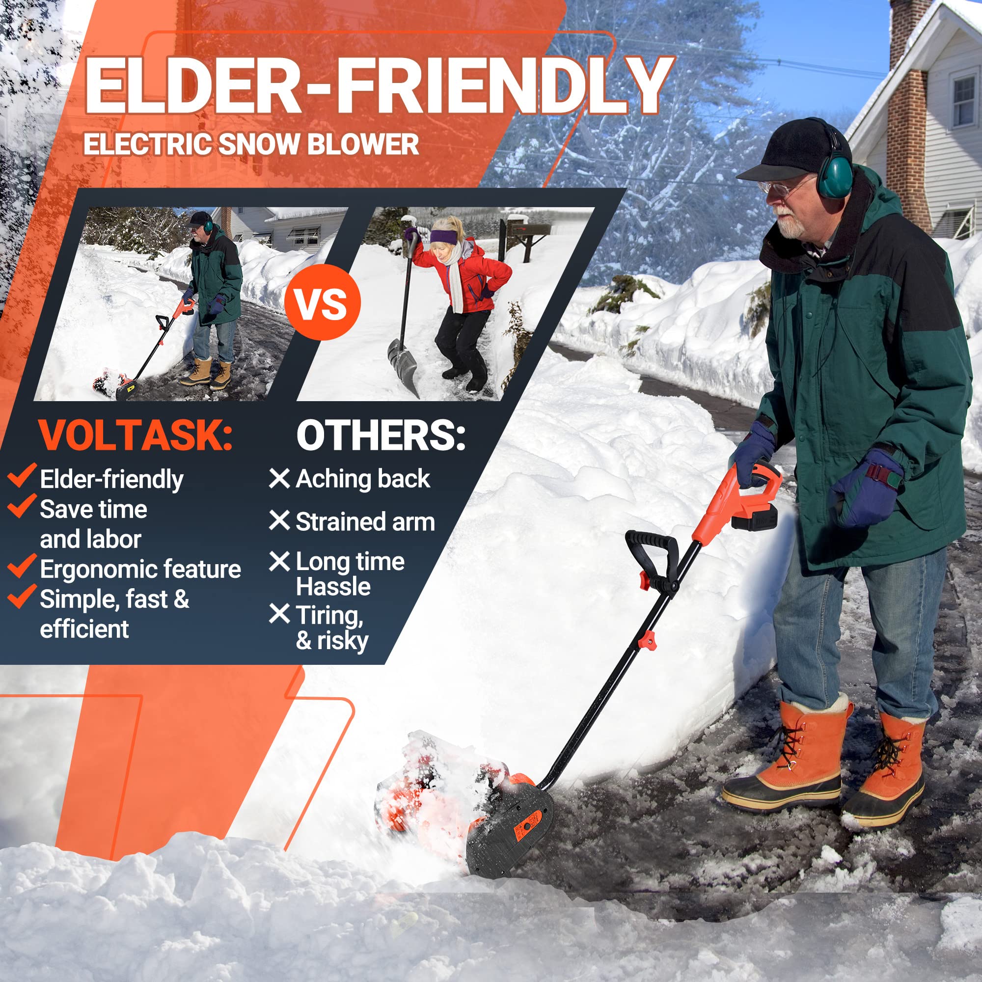 VOLTASK Cordless Snow Shovel, 20V | 11.8-Inch | 4-Ah Cordless Snow Blower, Battery Snow Blower with Directional Plate & Adjustable Front Handle (4-Ah Battery & Quick Charger Included)