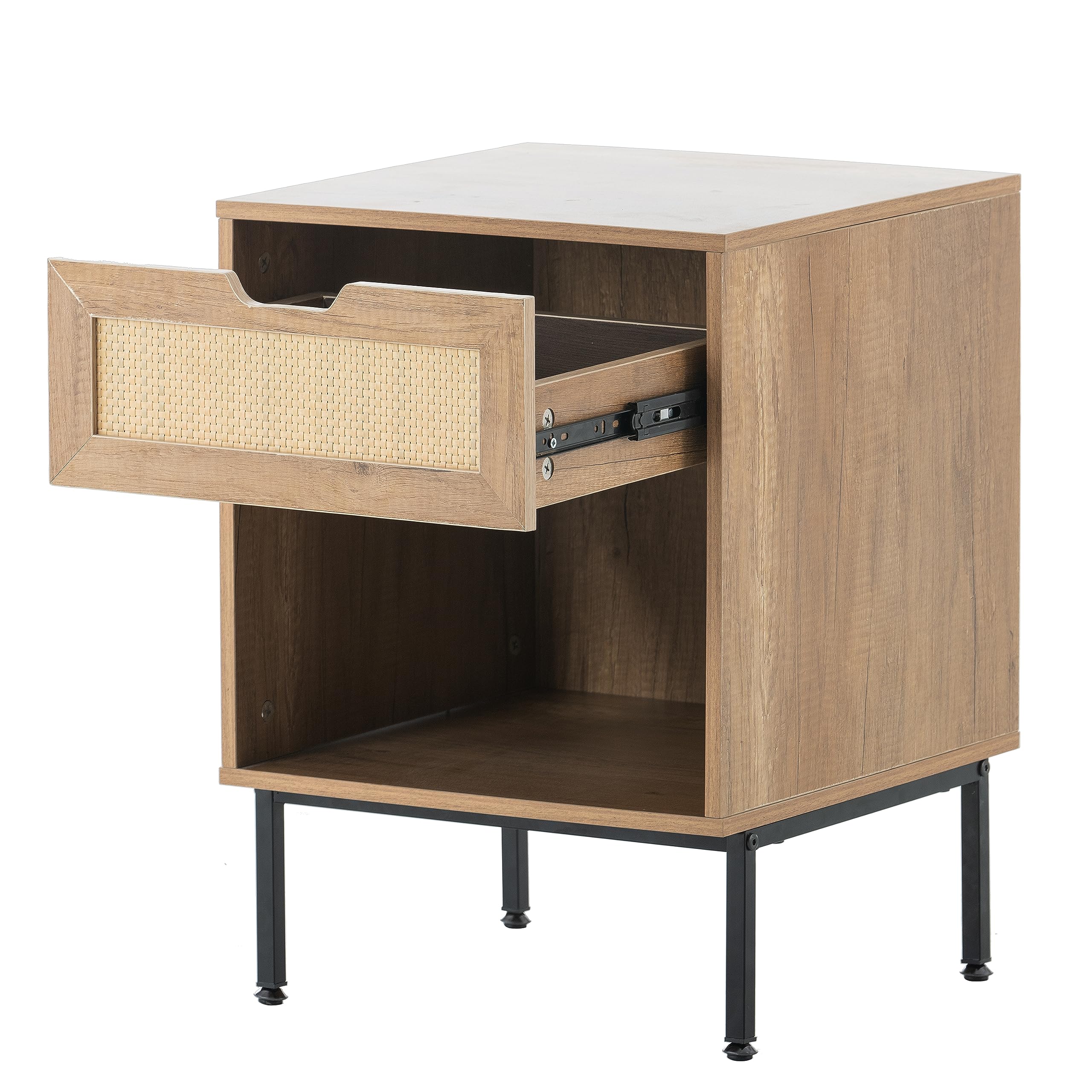 Rattan Nightstand Set of 2 Farmhouse 2 Layer Side Table Wood End Table Multifunction Bedside Table with Drawer & Adjustable Metal Legs for Bedroom Living Room