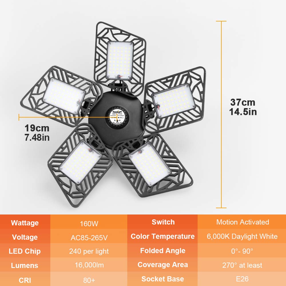 Upgraded 160W LED Garage Light, 16000LM Super Bright Motion Sensor Garage Light with 5 Deformable LED Panels, 6000K Daylight Ceiling Garage Light for Garage, Barn, Workshop, Warehouse(2 Pack)