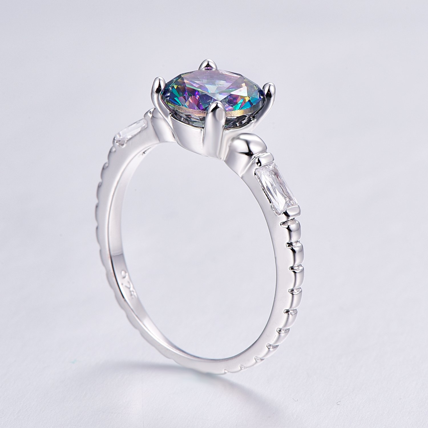 Psiroy 925 Sterling Silver Plated Created Rainbow Topaz Filled Round Cut Thin Solitaire Engagement Ring for Women Size 6