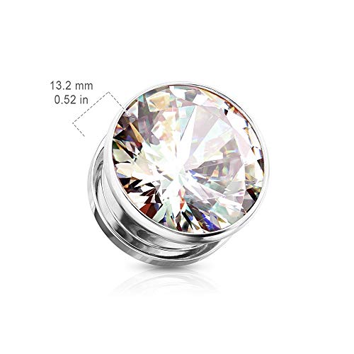 Pierced Owl Stainless Steel Bezel Set Clear Gem Screw Fit Plug Gauges, Sold As Pair (Silver Tone, 16mm (5/8"))
