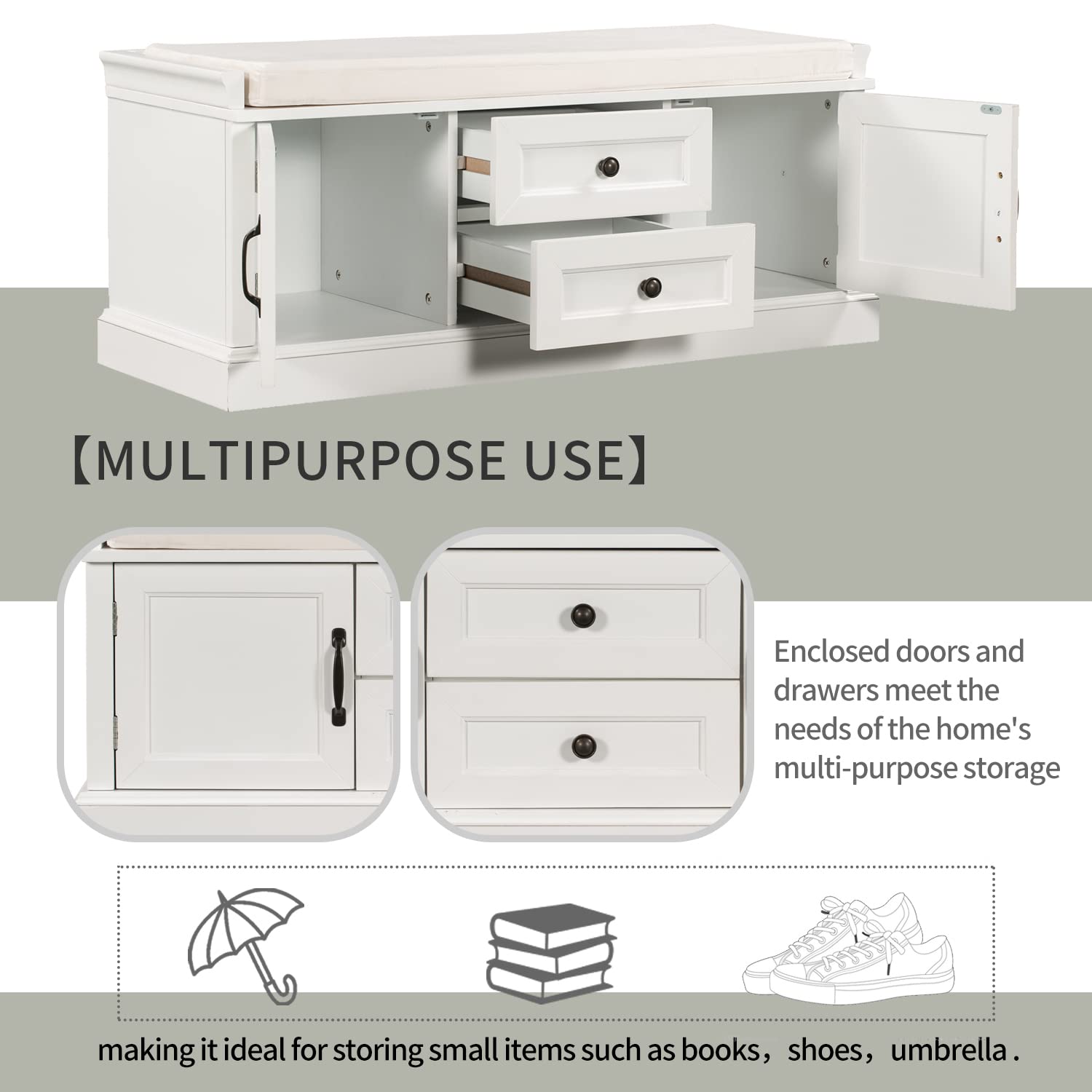 Shoe Bench Entryway with Storage, Entryway Bench with Removable Cushion, Solid Wood Storage Bench with 2 Drawers and 2 Cabinets for Living Room, Hallway, Closet, 42.5"L x 15.9"W x 17.5"H,White