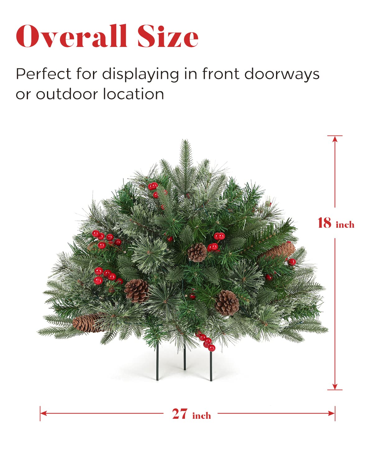 OasisCraft Outdoor Christmas Tree Frosted Urn Filler, Pre-lit Artificial Xmas Tree with LED Lights, 18 Inch Small Christmas Tree with Cones & Red Berries