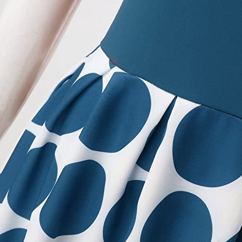 Womens Fashionable Round Neck Short Sleeved Waistband Silhouette Vintage Polka Dot Patchwork Dress