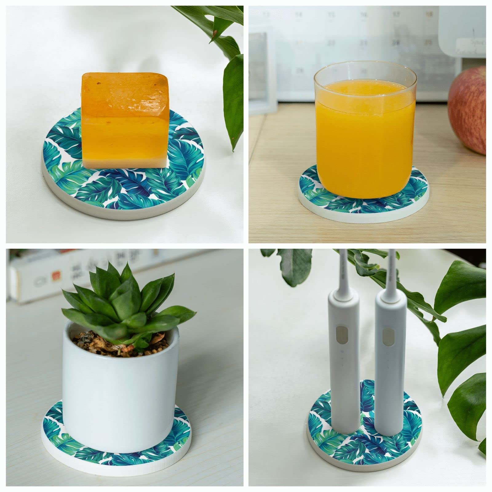 Tropical Palm Leaves Coasters for Drinks, Absorbent Coasters Set of 2, Coffee Cup Tabletop Protection Coaster, Housewarming Bar Kitchen Home Decor 4 Inch