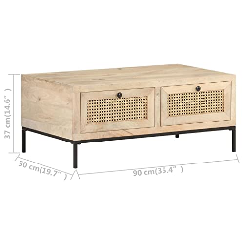 QJBSAVVA Coffee Table 35.4"x19.7"x14.6" Solid Mango Wood and Natural Cane,Entrance Table Tray Tables Center Table Low Table Suitable for Meeting Rooms, Reception Rooms, Offices