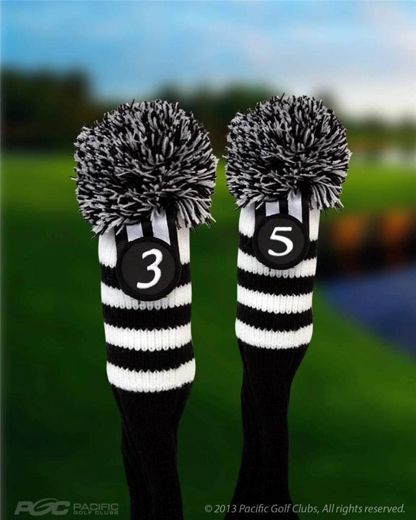 Pacific Golf Clubs Head Covers 3 5 Black and White Knit Retro Old School Vintage Stripe Pom Pom Throwback Classic