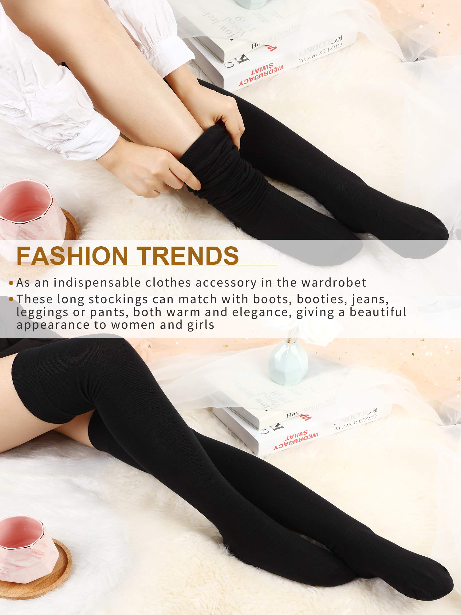 SATINIOR 3 Pairs Thigh High Socks Cotton Over Knee Socks Knit Long Boot Stocking, Black, Medium
