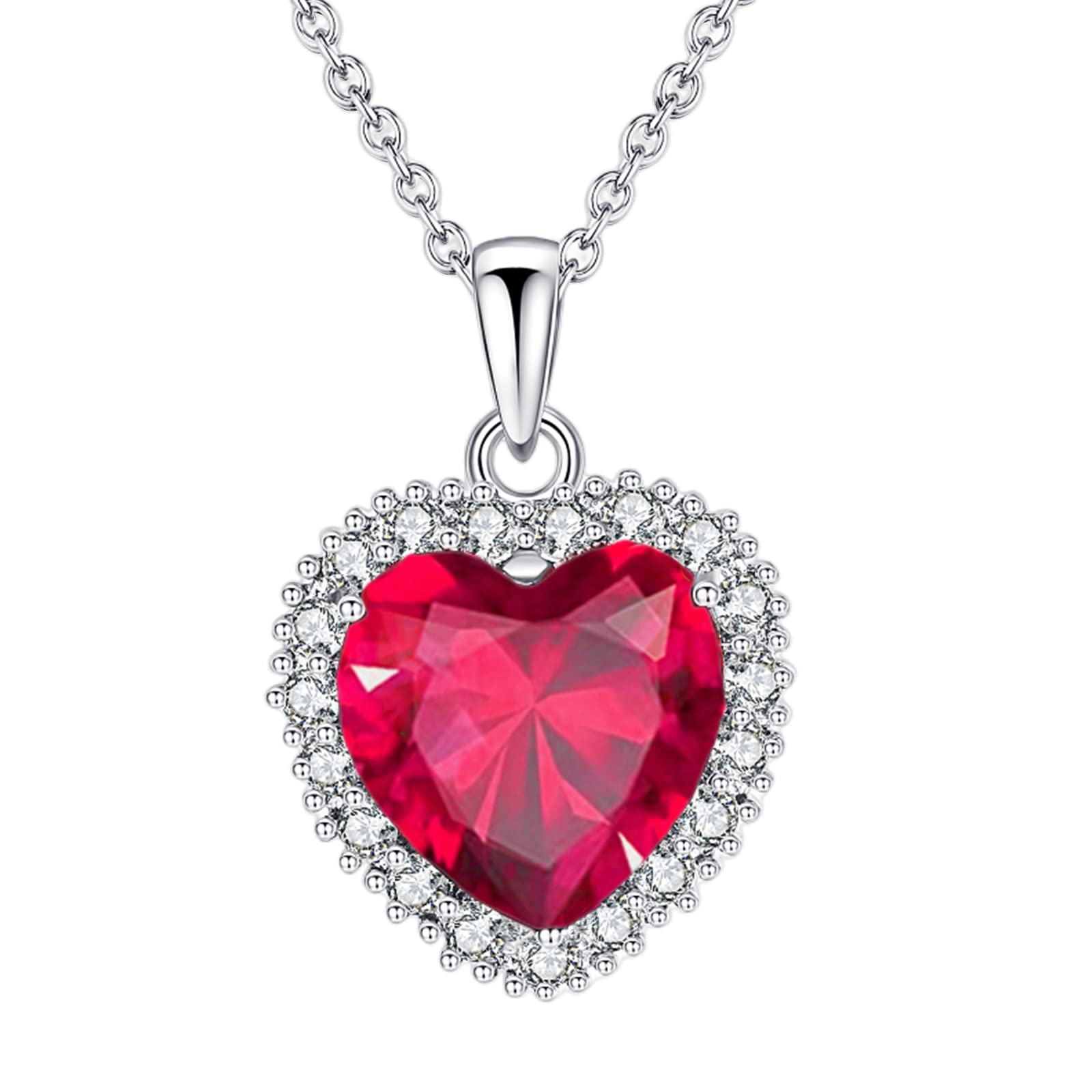 VONSSY Red Heart Pendant Necklace | Oval Bow Waterdrop Created-Ruby Pendant Necklace | Statement Vintage Stylish Jewelry Gift (Heart A-Platinum)