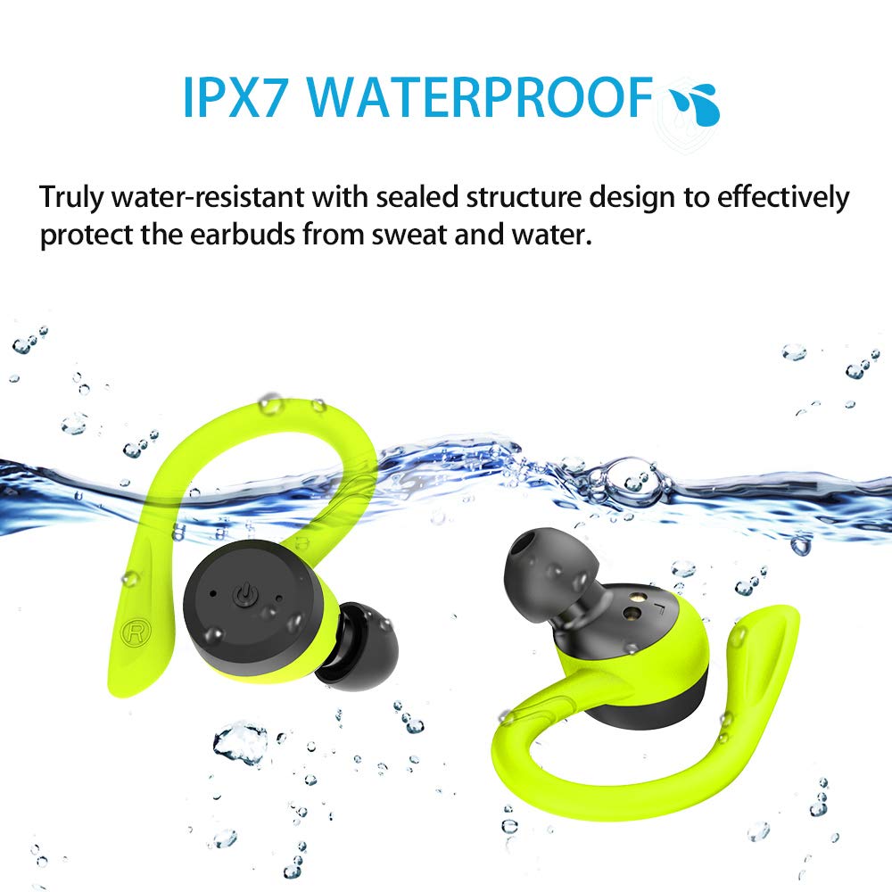 SinFoxeon IPX7 Waterproof Noise Cancelling True Wireless Earbuds Bluetooth 5.0 Headset with Mic and Charging Case Supporting Wireless Charging Headphones (Green)