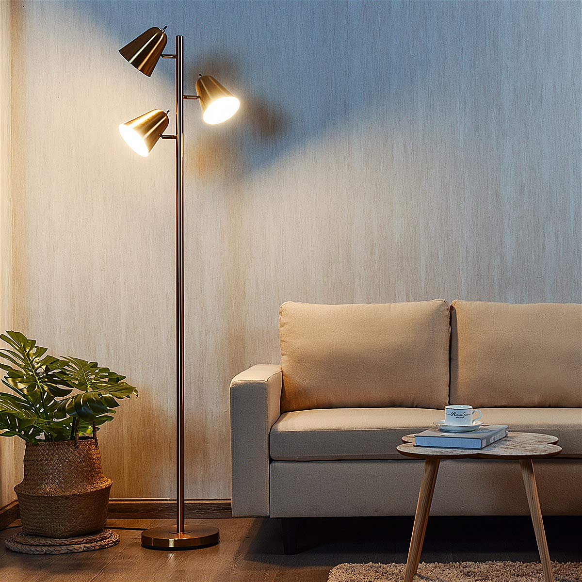 Tangkula 3-Light Floor Lamp, 64β Mid Century Modern Standing Tall Pole Lamp with 3 LED Bulbs and Adjustable Heads, Reading Light for Living Room Bedroom, 360 Lighting (Antique Brass)