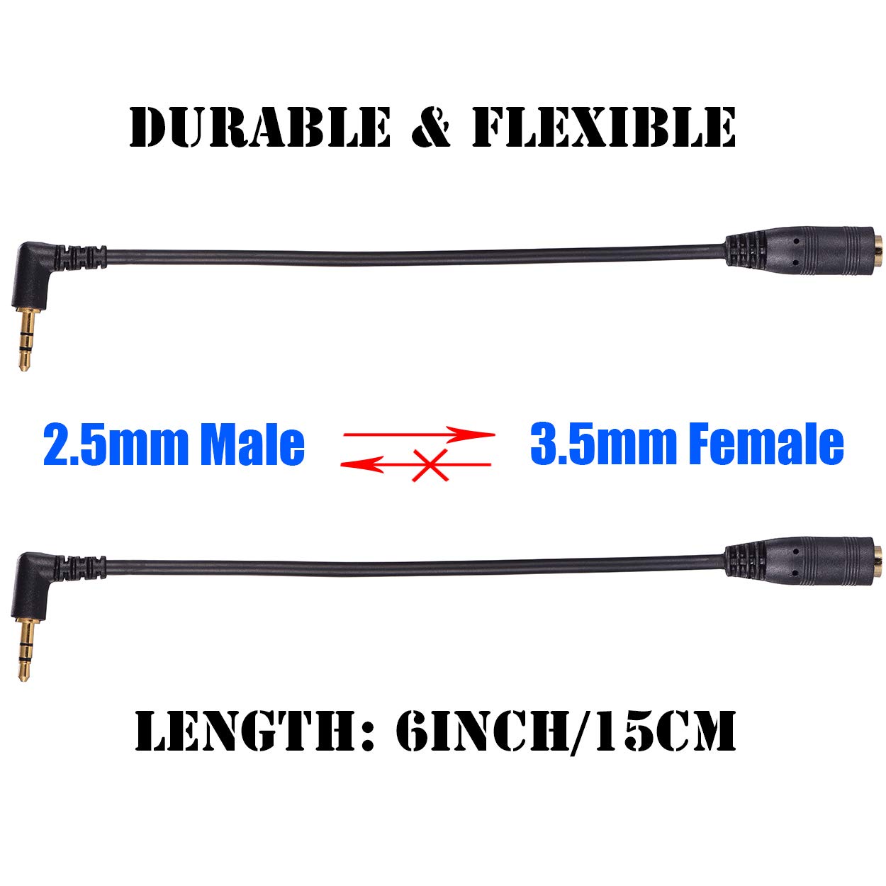 Warmstor 2 Pack Gold Plated 2.5mm Male to 1/8 inch 3.5mm Female Stereo Audio Jack Adapter Cable 90 Degree Right Angle Connector 6 inch Cord for Radios,Headphones,Recorder,Camera