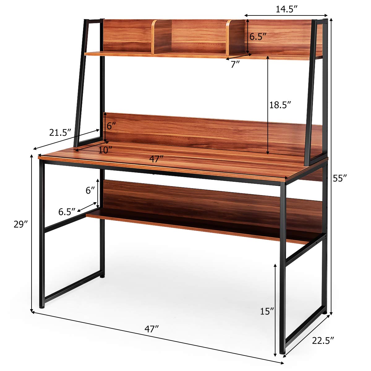 Tangkula Computer Desk with Hutch & Bookshelf, 47 Inches Space Saving Writing Study Table Home Office Desk, PC Laptop Table Workstation with w/ 3 Open Storage Space & Bottom Bookshelf (Brown)