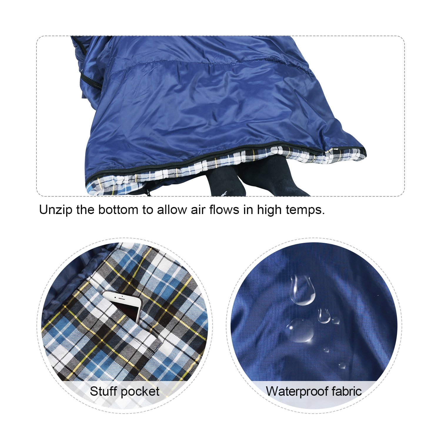REDCAMP Cotton Flannel Sleeping Bag for Adults, XL 32/41/50F Comfortable, Envelope with Compression Sack Blue 3lbs (91"x35")