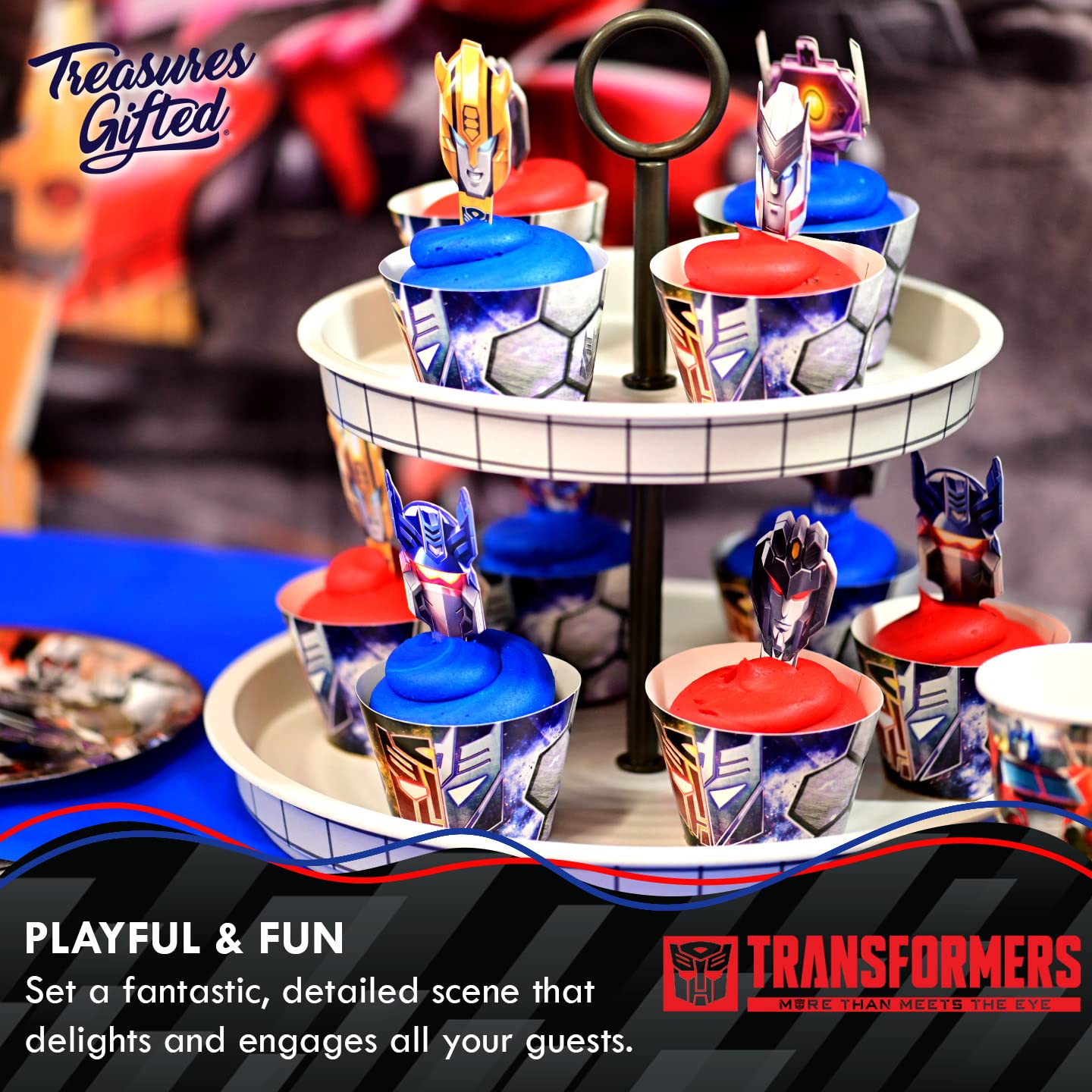 Treasures Gifted Officially Licensed Transformers Cake Decorations Set - (24) Transformers Cupcake Toppers & Wrappers - (1) Transformers Cake Topper - Transformers Birthday Party Supplies