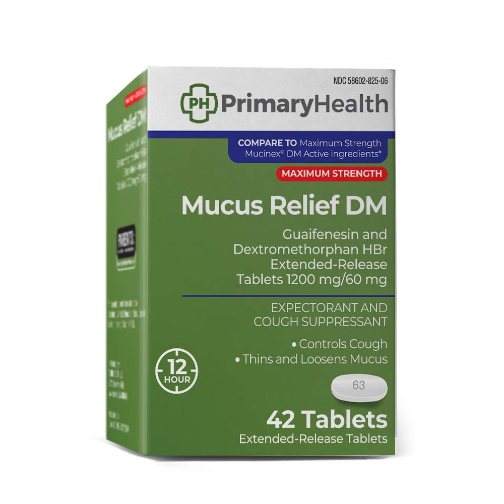 Primary Health Mucus Relief DM Maximum Strength Dextromethorphan 60mg, Guaifenesin 1200mg, Extended-Release Tablets, 42Count