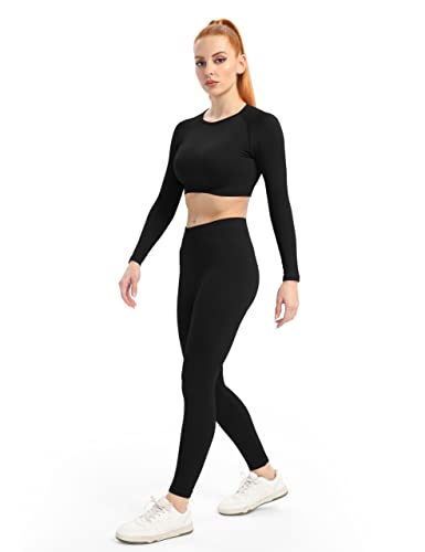 VALANDY Women's Workout Outfits 2 Piece Gym Seamless Yoga Leggings Ribbed Crop Top Long Sleeve Cute Activewear Sets