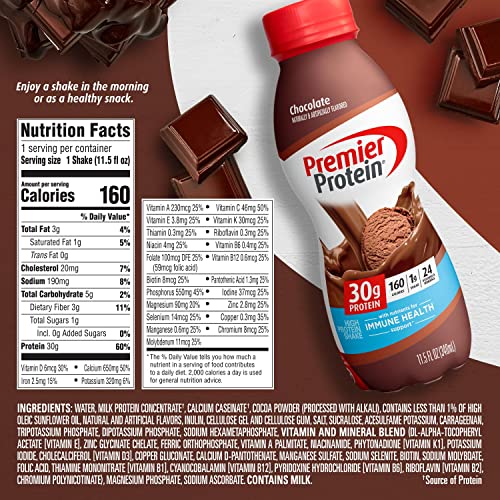 Premier Protein Shake, Chocolate, 30g Protein, 1g Sugar, 24 Vitamins & Minerals, Nutrients to Support Immune Health, 11.5 fl oz