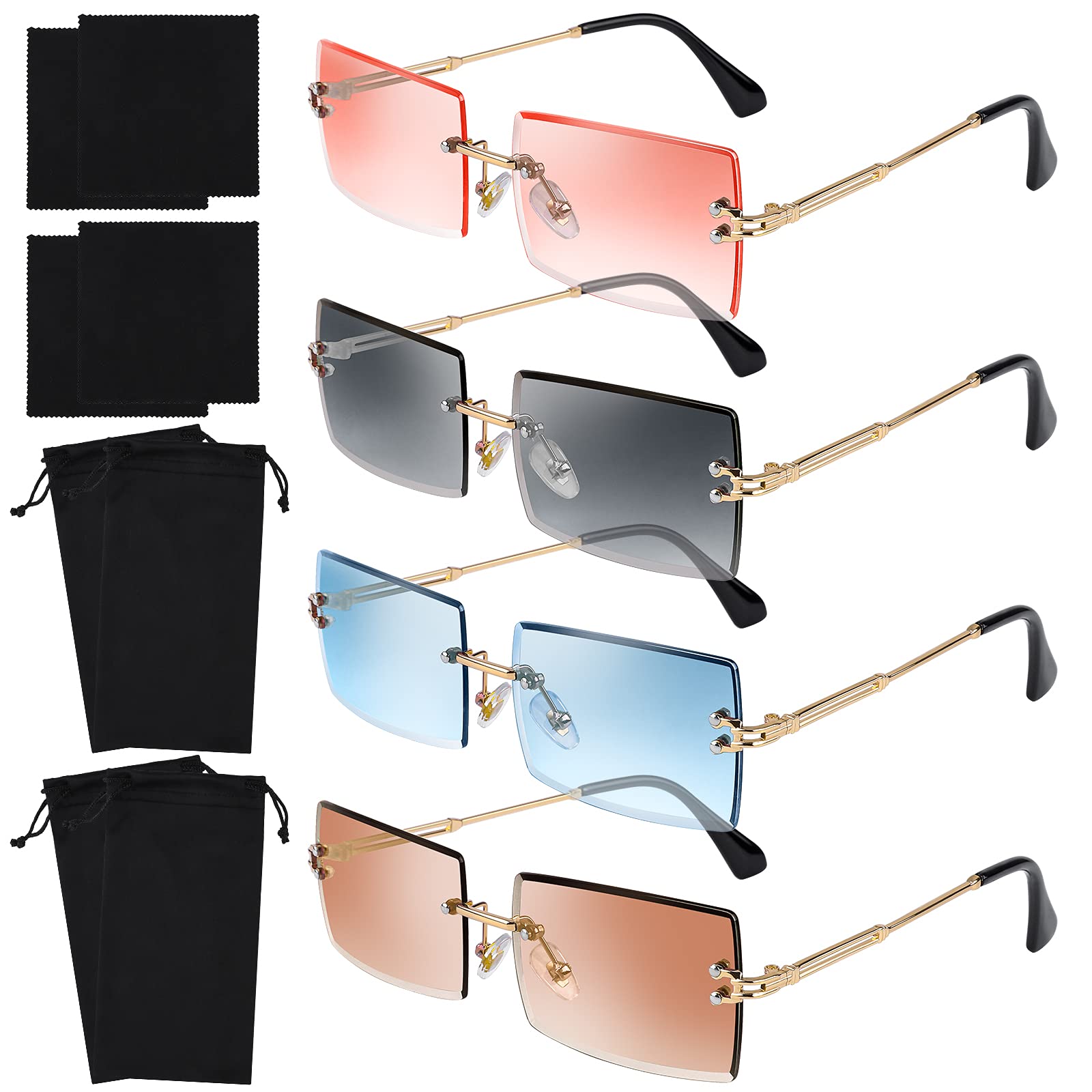 URATOT 4 Pack Rimless Rectangle Sunglasses Transparent Retro Sunglasses Vintage Rimless Eyewear Metal Frame Eyewear for Women Men
