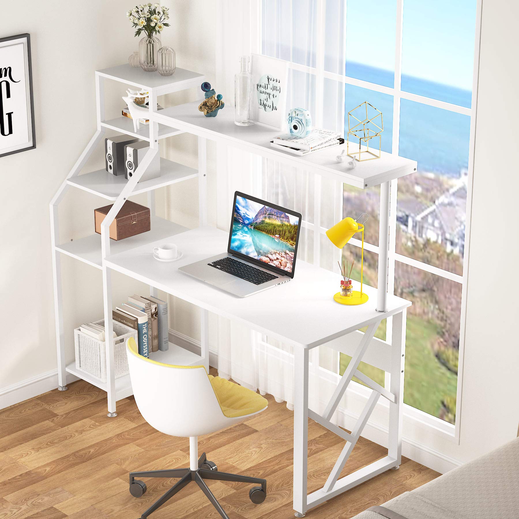 Tribesigns Home Office Computer Desk with Hutch Storage Shelves, 60 inch Large Computer Table Studying Writing Desk with 4-Tier Bookshelf and Tower Storage, Workstation for Space Saving (White)