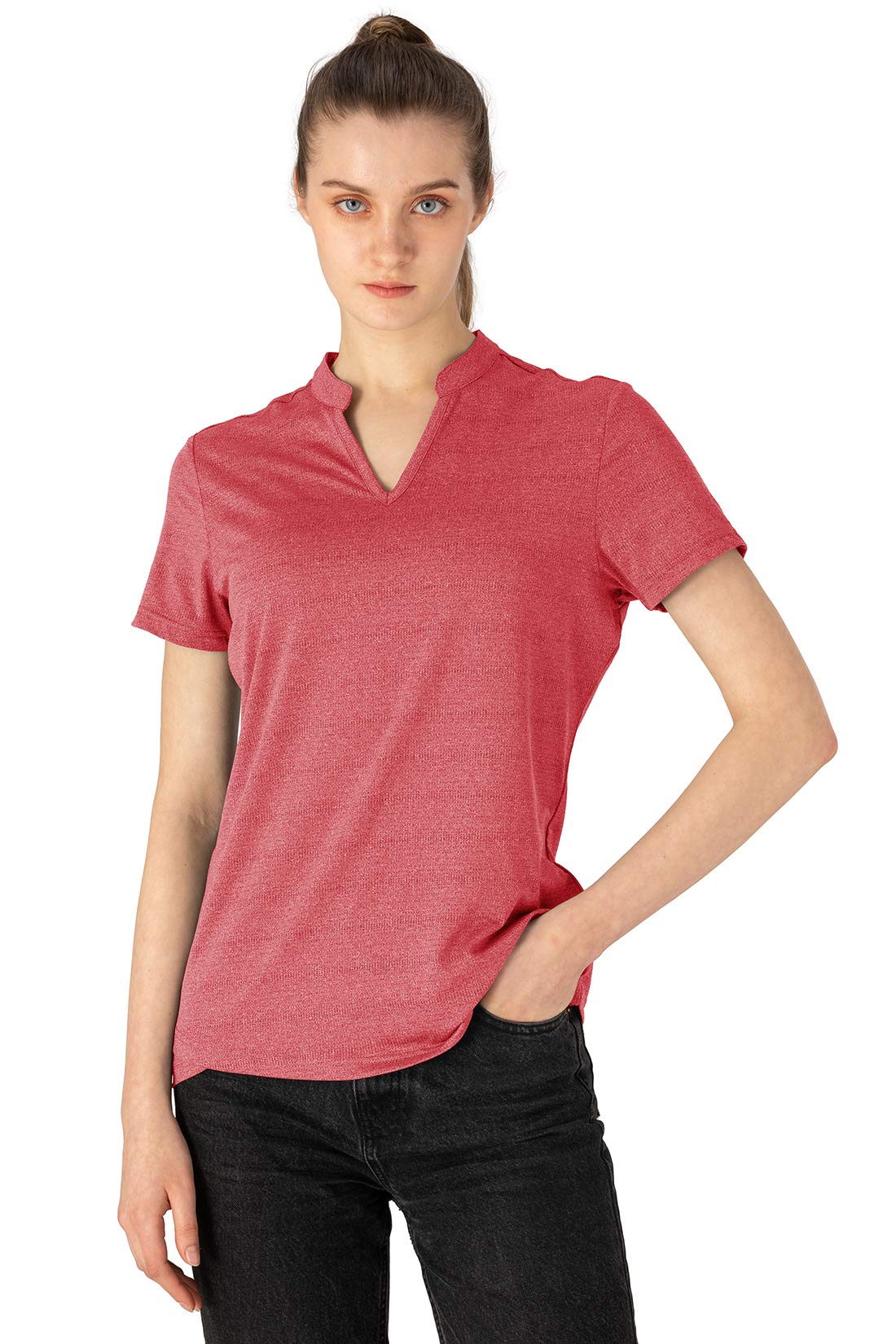 YSENTO Women's Dry Fit Golf Polo Shirts Short Sleeve V Neck Collarless Athletic Activewear Shirts Shirts Red S