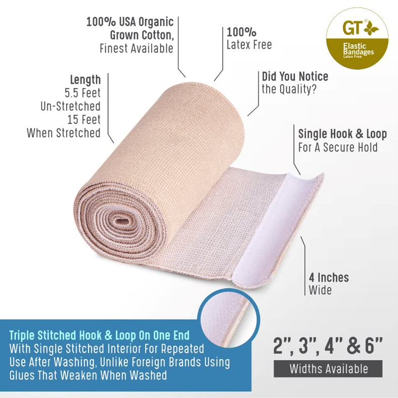 Premium Elastic Bandage Wraps (4" 2pack & 3" 2Pack) Hook & Loop Fastener at One End - GT Latex Free Roll for Sprains & Injuries