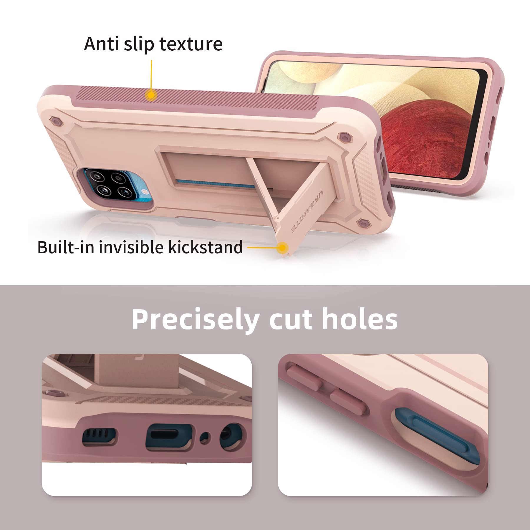URBANITE for Samsung Galaxy A12 Case with Built-in Screen Protector, Full Body Heavy Duty Protective Cover Case with Kickstand fits Samsung A12 Phone (Pink)
