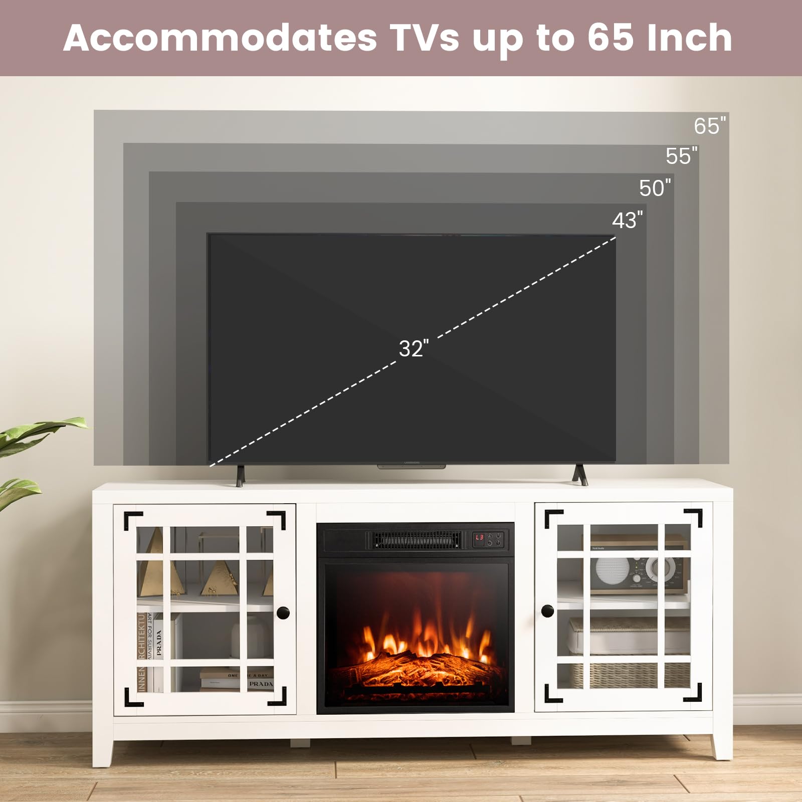 Tangkula Fireplace TV Stand for 65 Inches TVs, 58 Inch TV Console with Electric Fireplace Insert, Adjustable Shelves, Remote Control, 3-Level Flame Brightness, Entertainment Center for Living Room