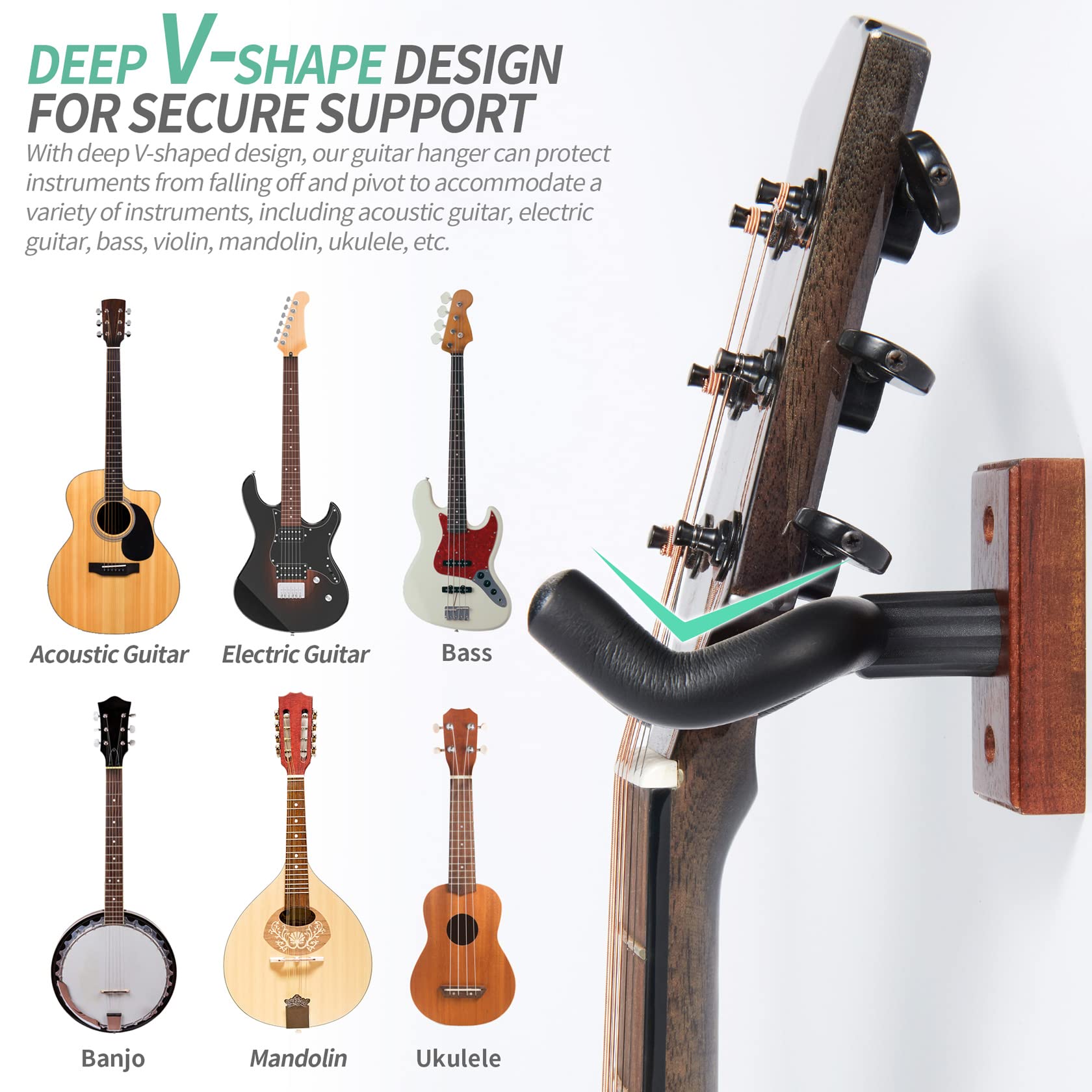 WOGOD Guitar Wall Mount Guitar Hanger Wall Holder - Guitar Wall Hangers Wall Hook Stand for Acoustic Electric Guitars Bass Ukulele - Solid Wood Wall Mount
