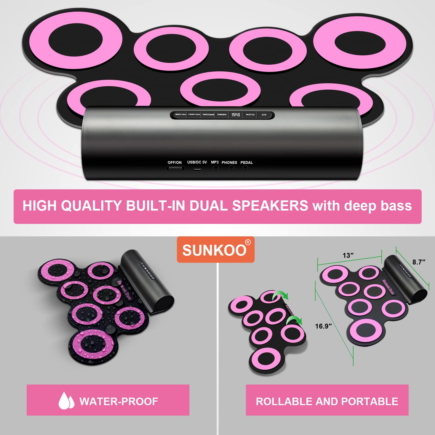SUNKOO Electronic Drum Set for Kids, Adult Beginner Pro MIDI Drum Kit, Roll Up Practice Pad Kit with Headphone Jack, Built-in Speaker, Drum Pedals, Drum Sticks, Great Holiday Birthday Gift for Kids