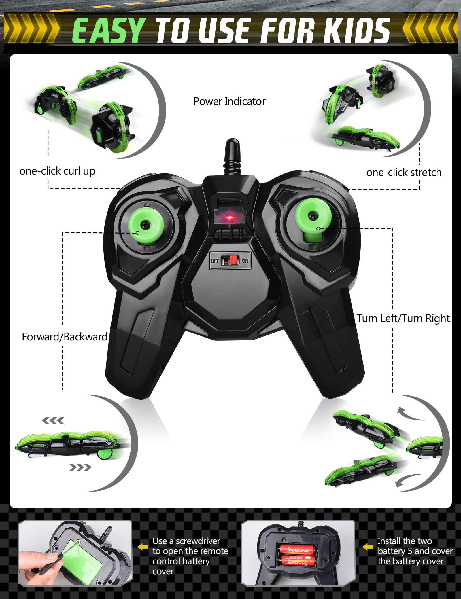 Remote Control Car,Rc Stunt Snake 360° Roll Rotation Transforming Toy,With 2.4Ghz High Frequency Controller Birthday Christmas For Girls Boys Cool Stuff Toys drift stunt remote control car (green)
