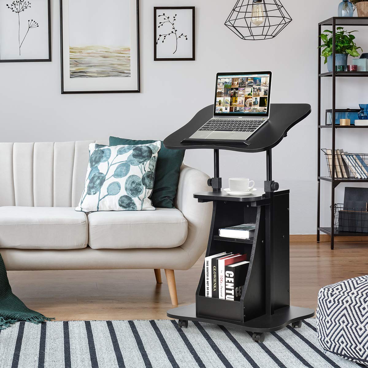 Tangkula Mobile Laptop Podium, Height Adjustable Podium Stand, Standing Desk, Rolling Desk Laptop Cart with Swivel Top & Movable Wheels