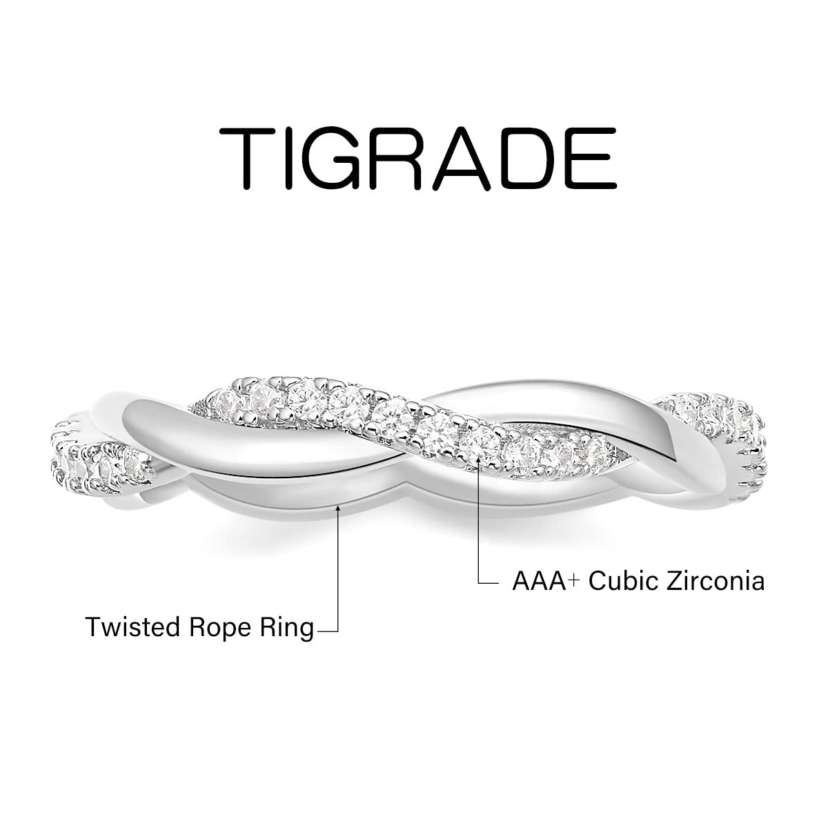 TIGRADE Women Eternity Ring Twisted Rope Cubic Zirconia Engagement Wedding Band Size 4-12, Silver, Size 7.5