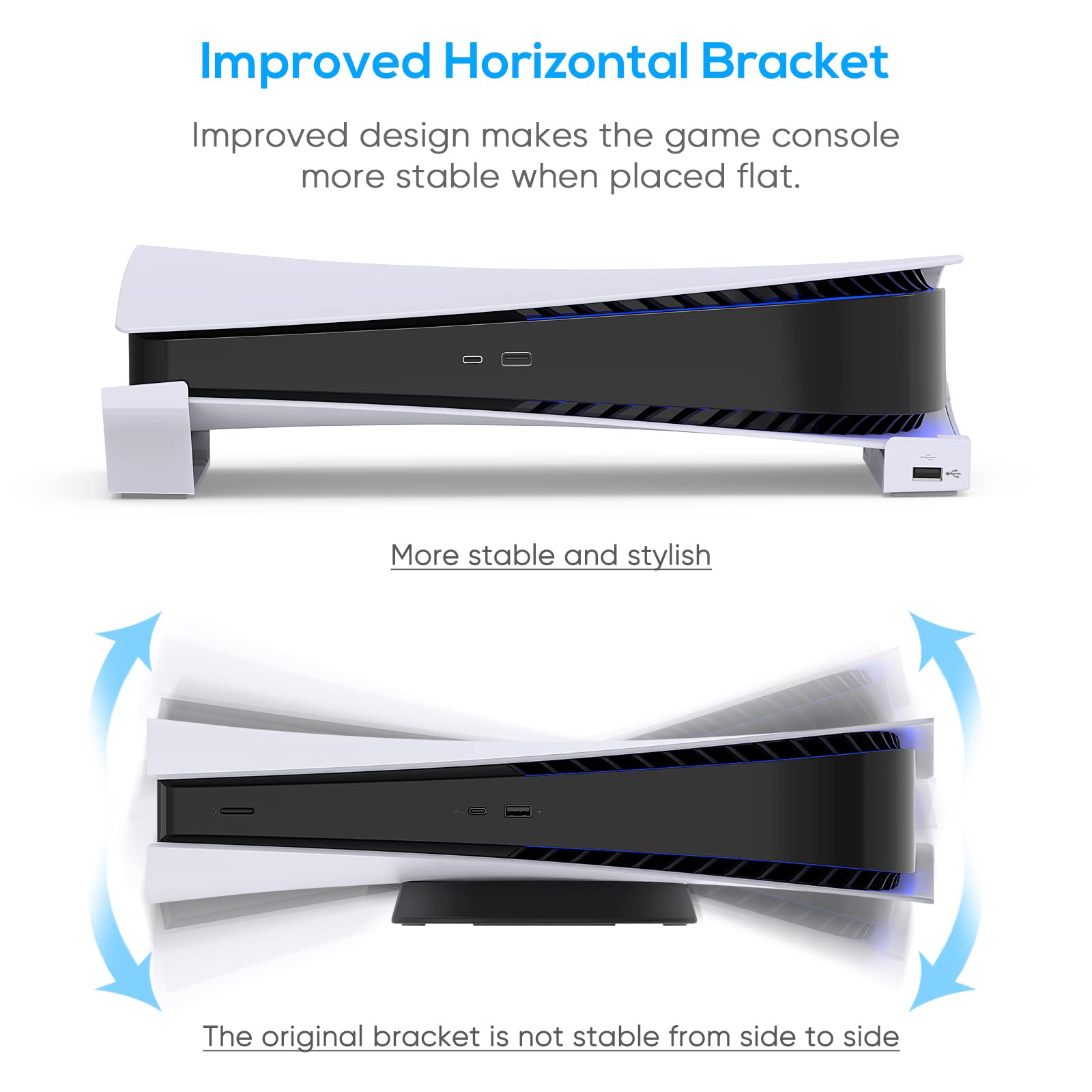 YUANHOT Horizontal Stand Accessories for PS5, Side Stand Base with USB Ports for Sync & Charge Compatible with PS5 Disc Version & Digital Editions, White