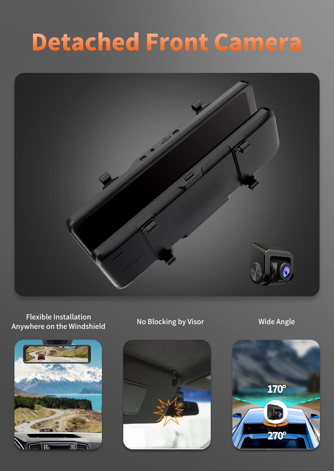 WOLFBOX Mirror Dash Cam Rear View Backup Camera with Detached Front Camera 11" Full HD Touch Screen Dual Split Car Recorder 1080P, Night Vision,Parking Assistance,Wide Angle,GPS&32GB Card