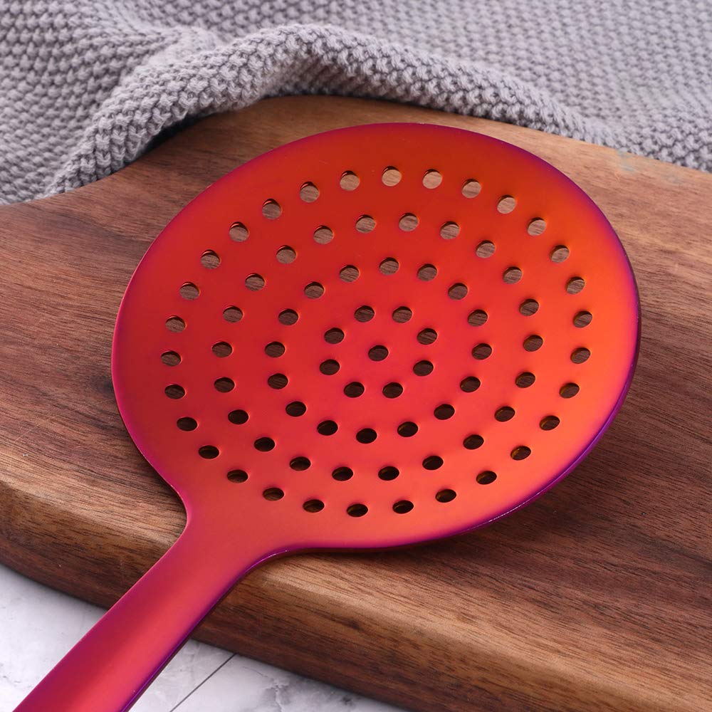 QOBIMOON Stainless Steel Kitchen Utensil Set -8 Cooking Utensils, Colorful Titanium Plated Set Kitchen Tools Gadgets Cake Shovels/Plain Spatula, Potato Masher, Spoon, Slotted Spoon-Red