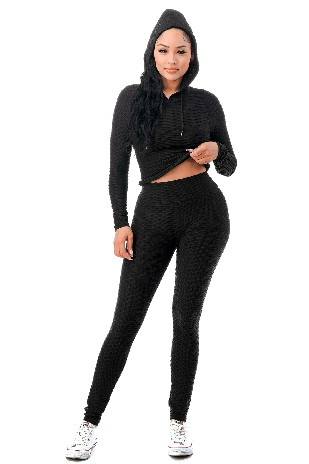 Workout Gym Bodycon Yoga Outfit 2 Piece Hoodie Set Leggings Bodysuit Plus Size (2pc Set: Black, Medium)