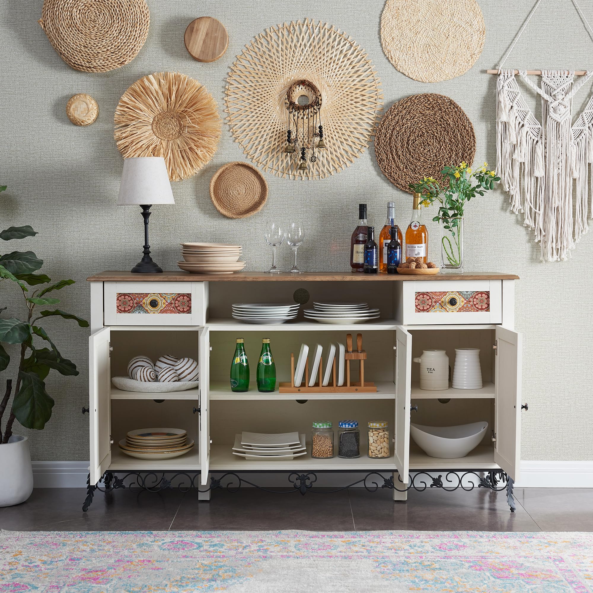 OKD Boho Sideboard Buffet Cabinet, 58" Kitchen Storage Cabinet with 2 Drawers, Dining Room, Hallway, Cupboard Console Table, Antique White