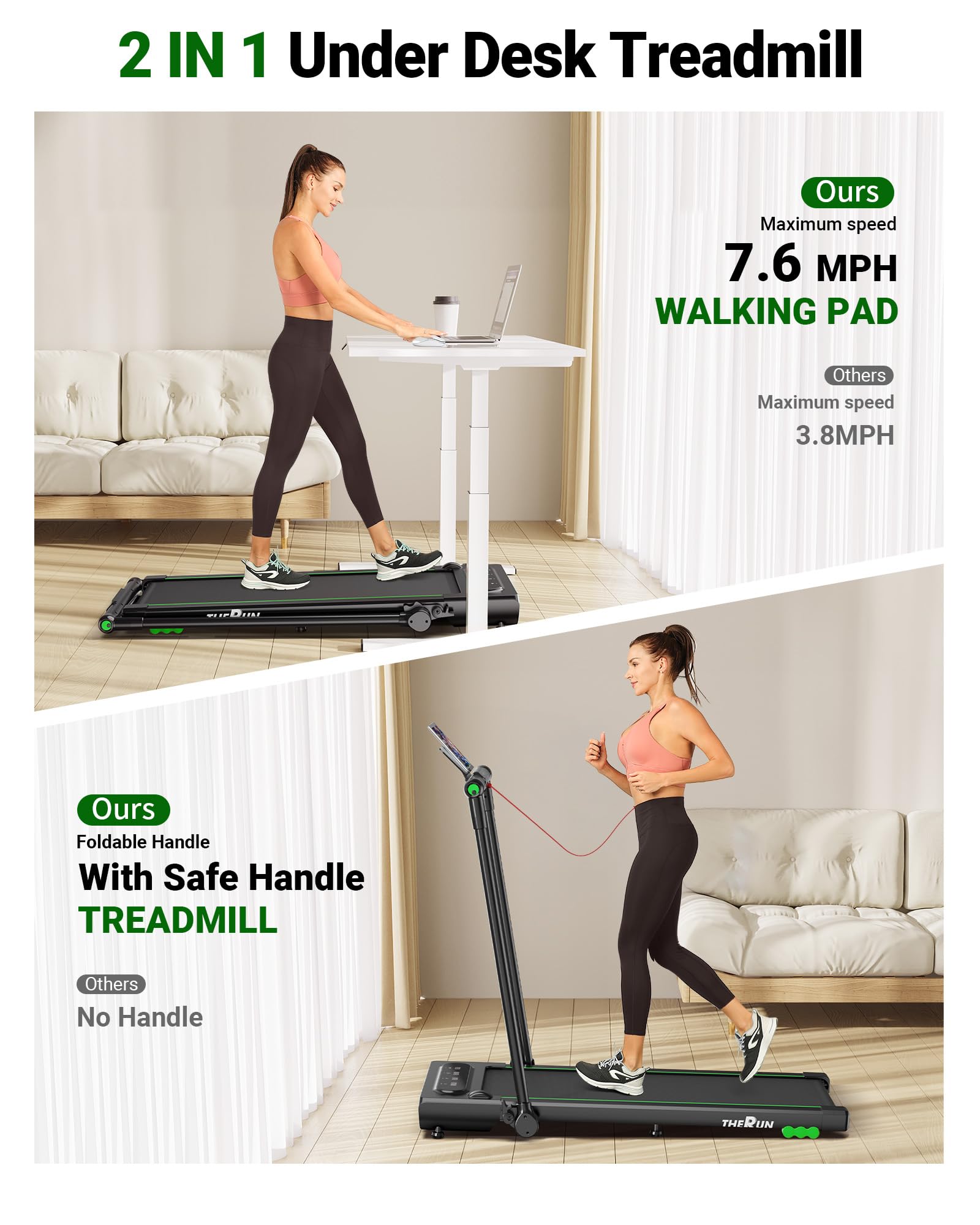 THERUN 2.5HP Treadmill, 2 in 1 Under Desk Walking Pad Treadmill, Electric Compact Space Folding Treadmill for Home Office with LED Touch Screen 0.6-7.6MPH Wider Running Belt, No Assembly Needed
