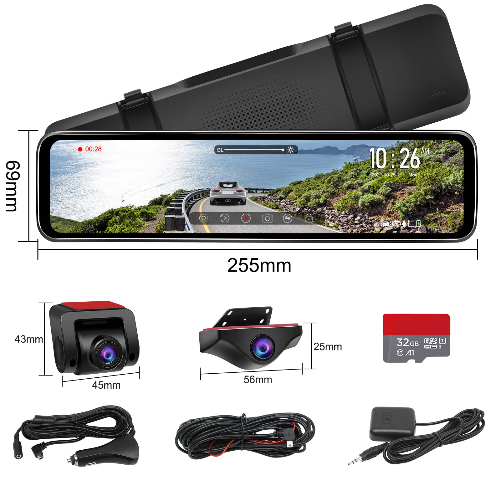 URVOLAX Mirror Dash Cam Backup Camera,11''Rear View Mirror Camera with Detached Front and Rear Cam for Car,Anti Glare Full HD Split Screen 1296P,Night Vision,Parking Assist,GPS,SD Card