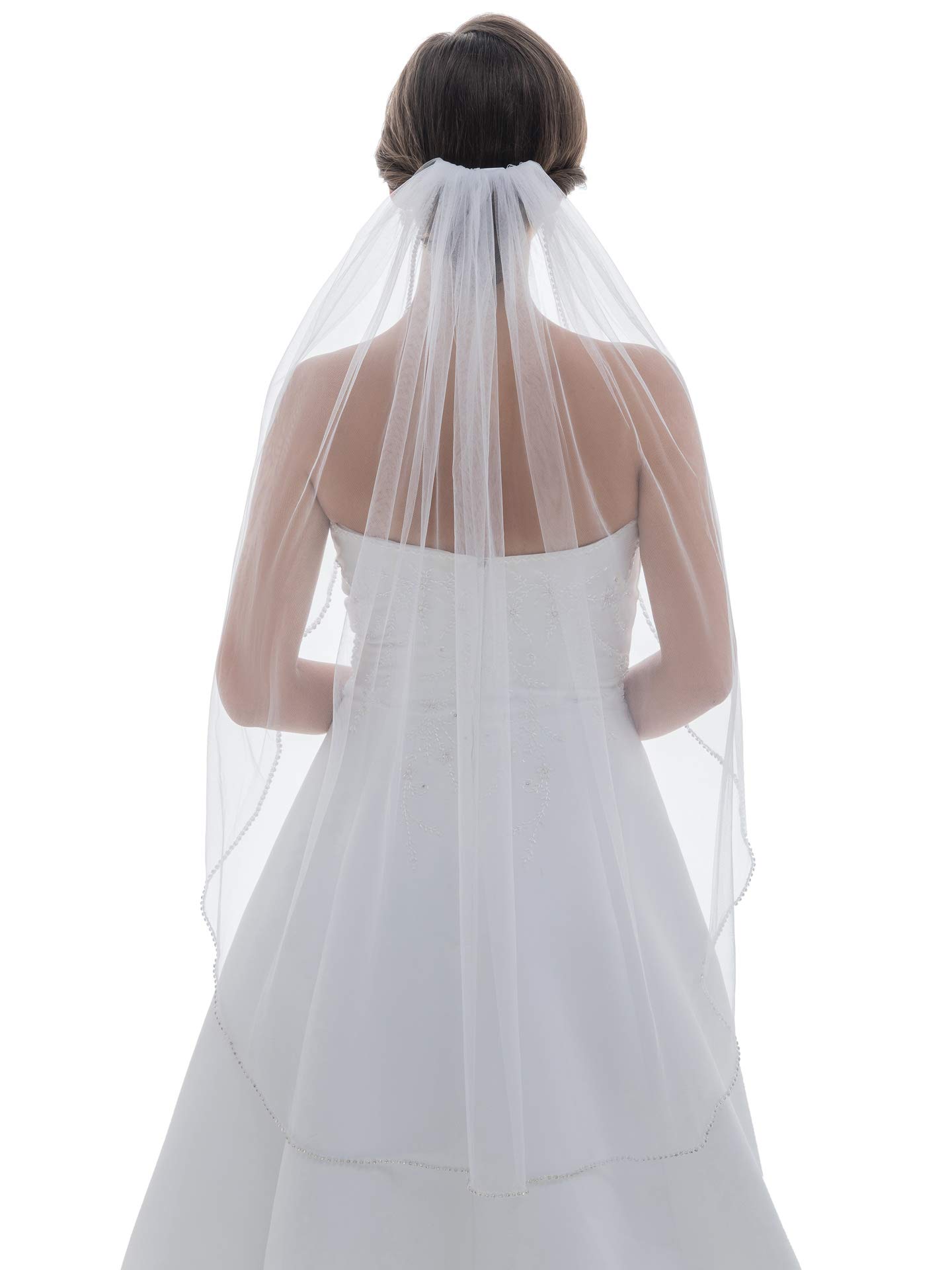 SAMKY 1T 1 Tier Rhinestones Crystal Edge Wedding Veil - Light Ivory Fingertip Length 36" V328